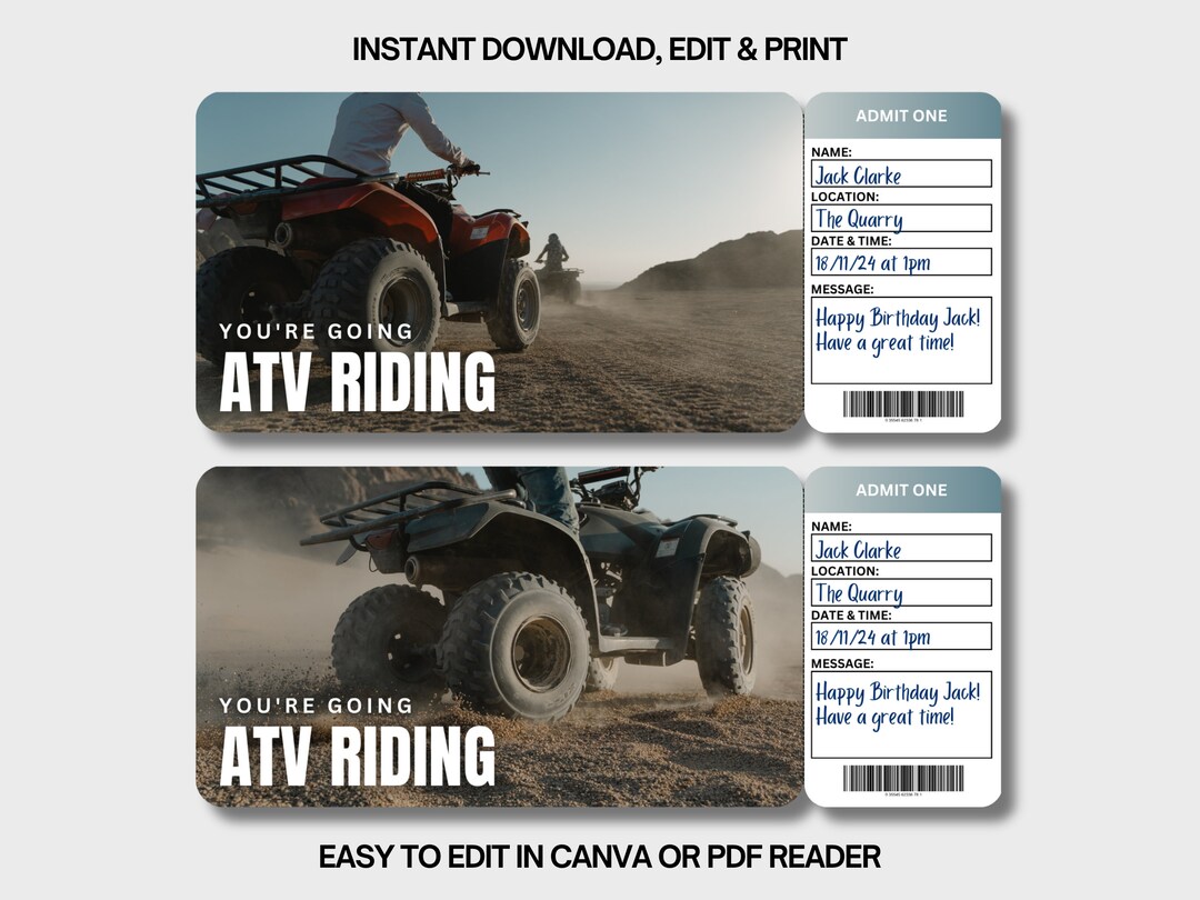 ATV RIDING Surprise Ticket Printable Ticket Surprise Experience ...