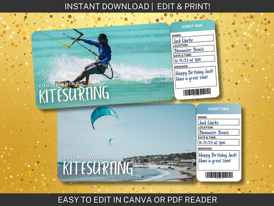 KITESURFING Surprise Ticket Printable Ticket Surprise Experience ...