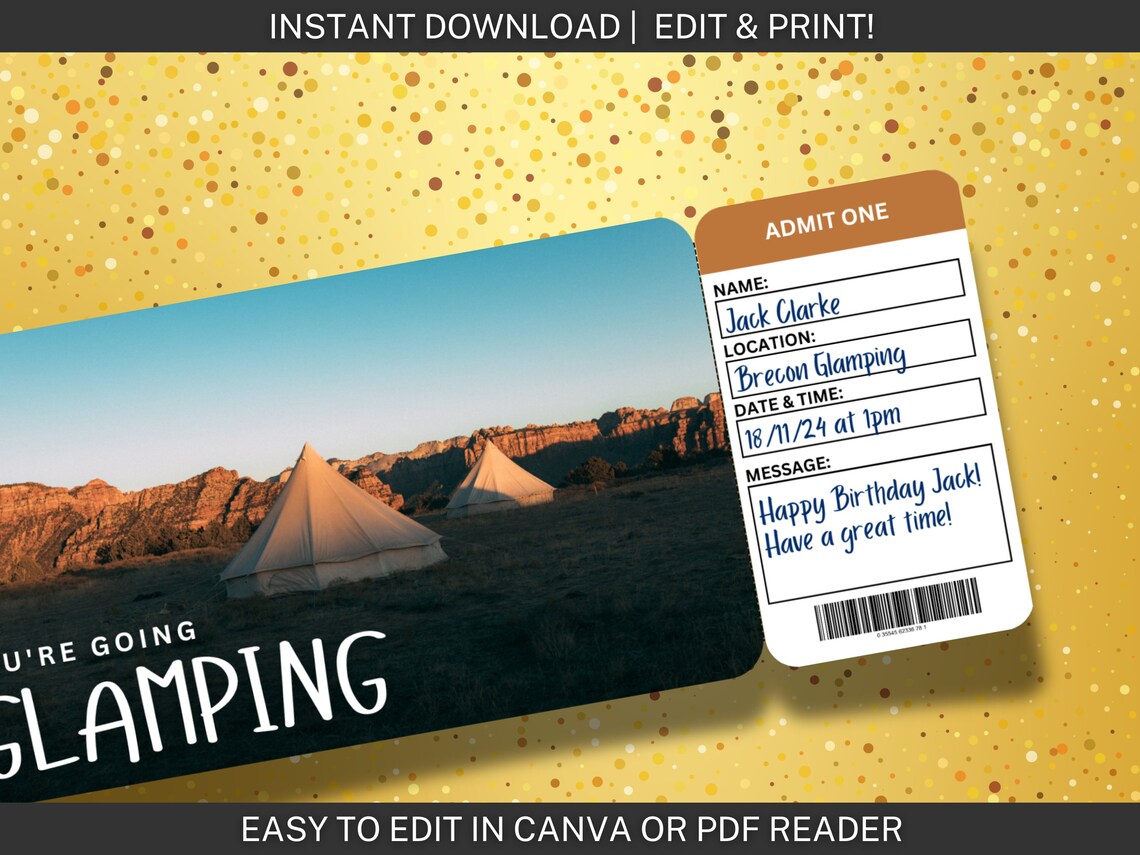 GLAMPING Surprise Ticket Printable Ticket Surprise Experience Activity ...