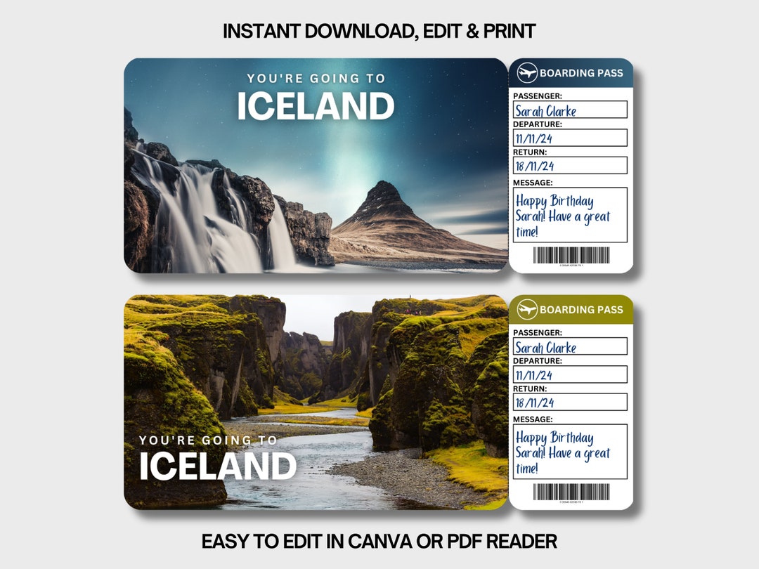 ICELAND Surprise Boarding Pass Ticket Printable Ticket Surprise Trip ...