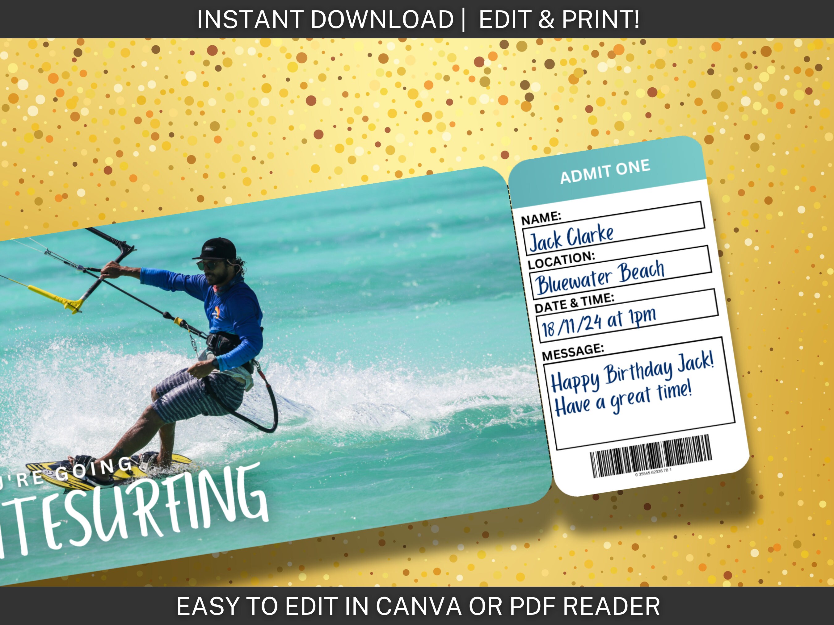 KITESURFING Surprise Ticket Printable Ticket Surprise Experience ...