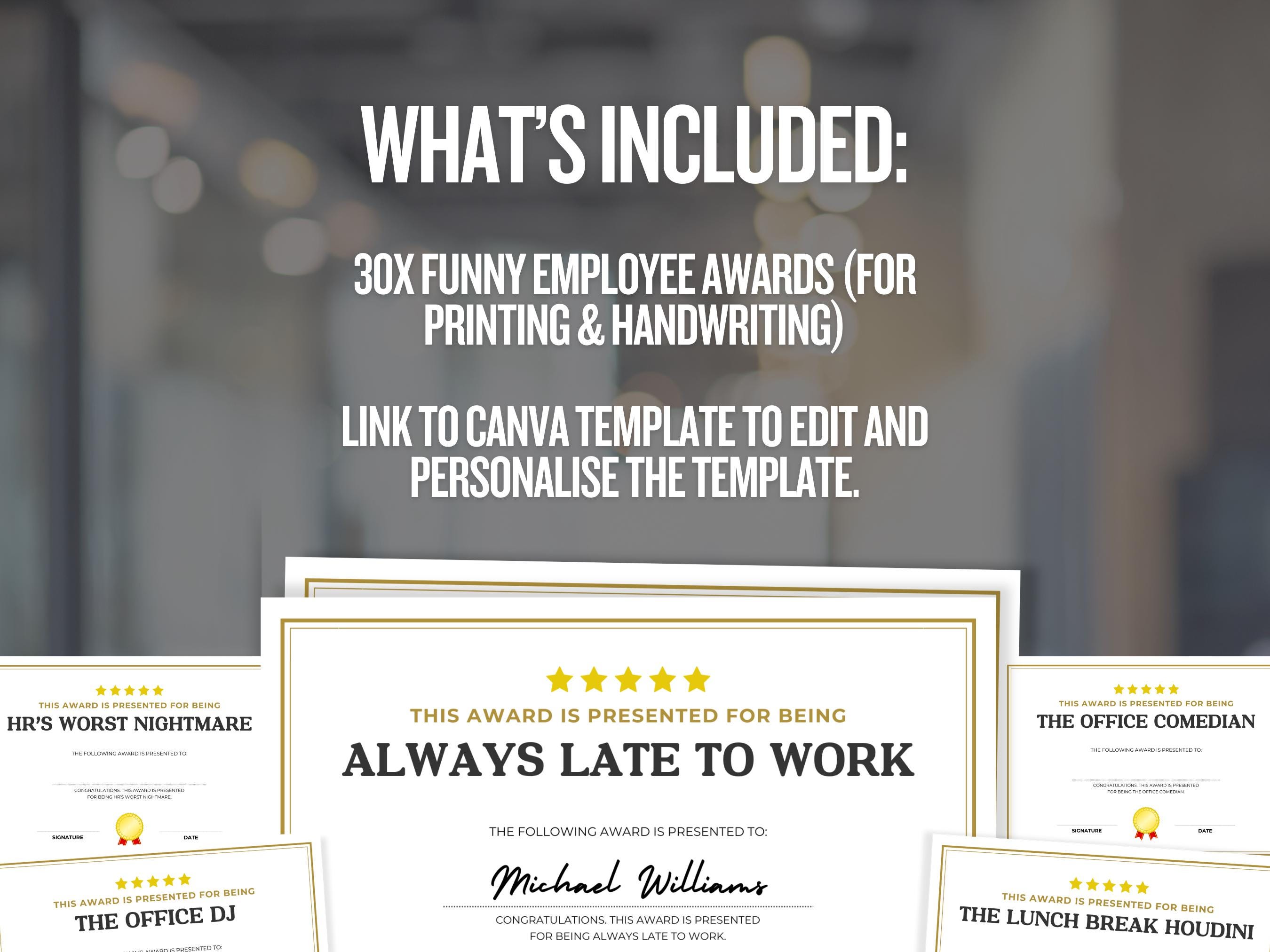 30 Funny Office Awards: Printable Employee Certificates (instant ...