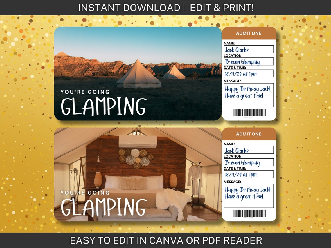 GLAMPING Surprise Ticket Printable Ticket Surprise Experience Activity ...