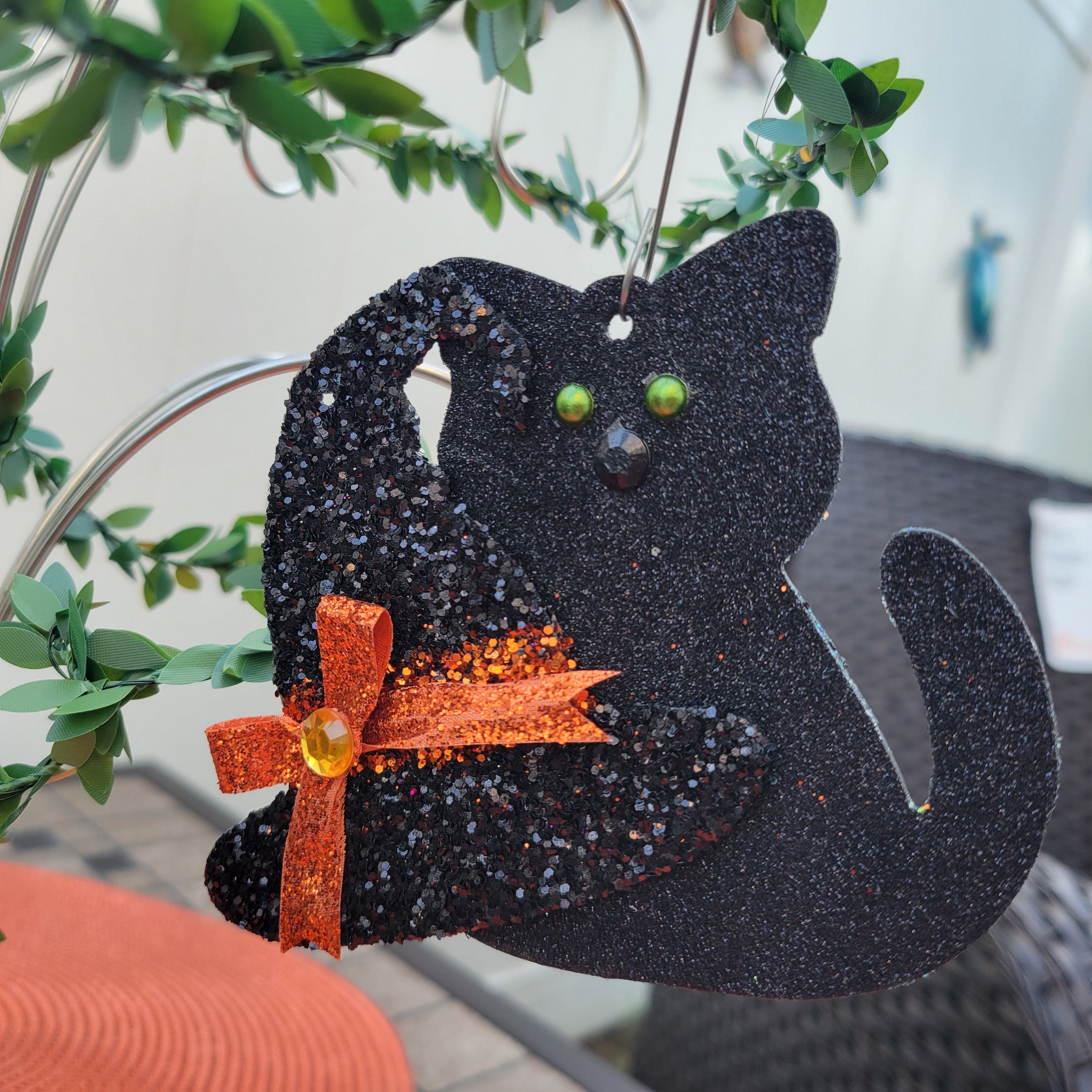 Halloween Black Cat and Witch's Hat Glitter Ornaments for Spooky and ...