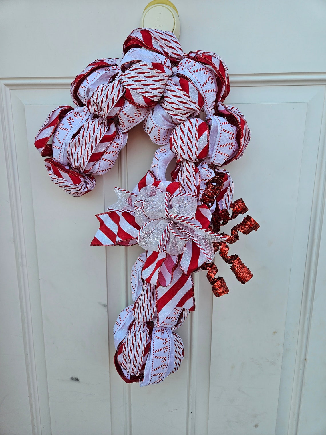 Candy Cane Shaped Festive Holiday Wreath With Colorful Ribbons - Etsy