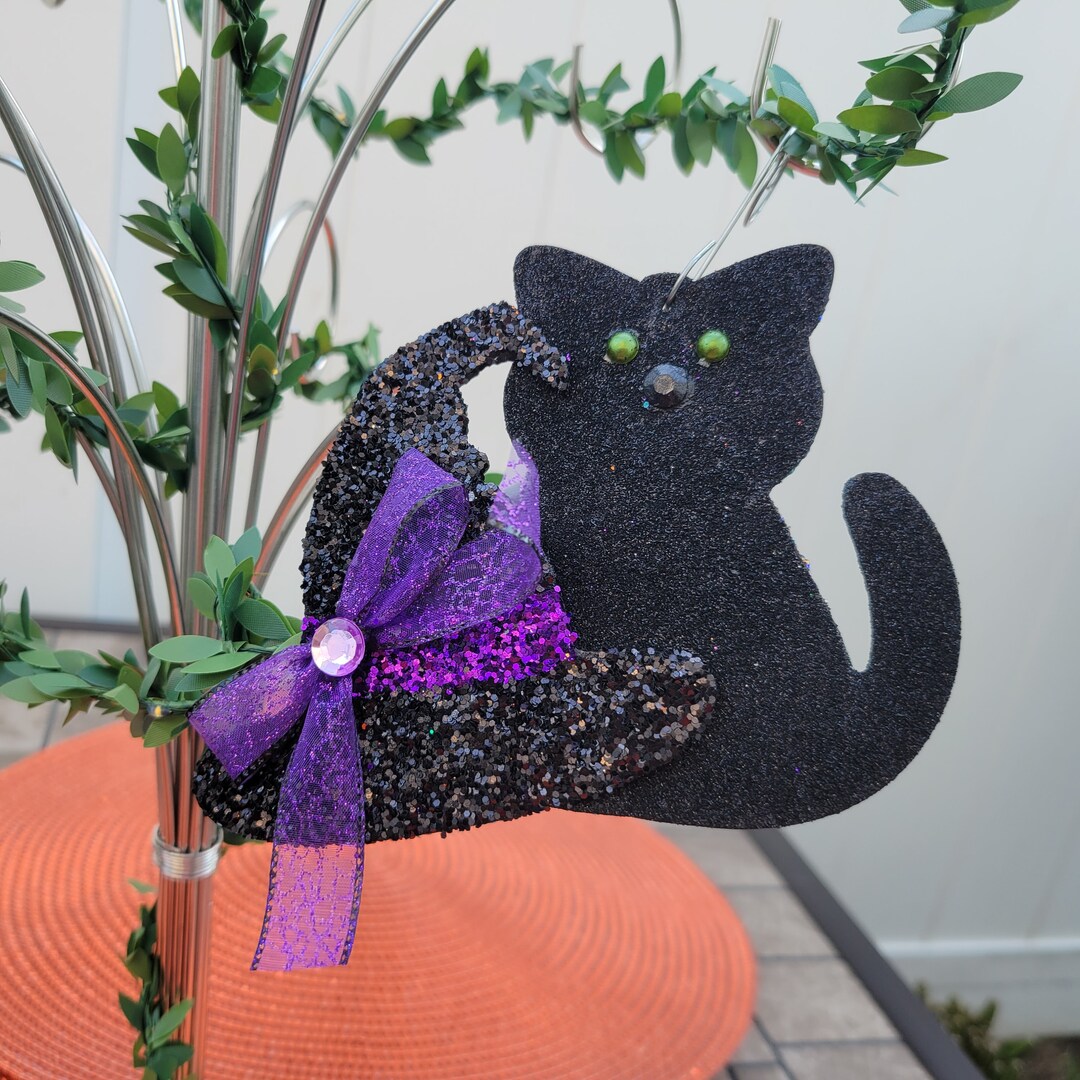 Halloween Black Cat and Witch's Hat Glitter Ornaments for Spooky and ...