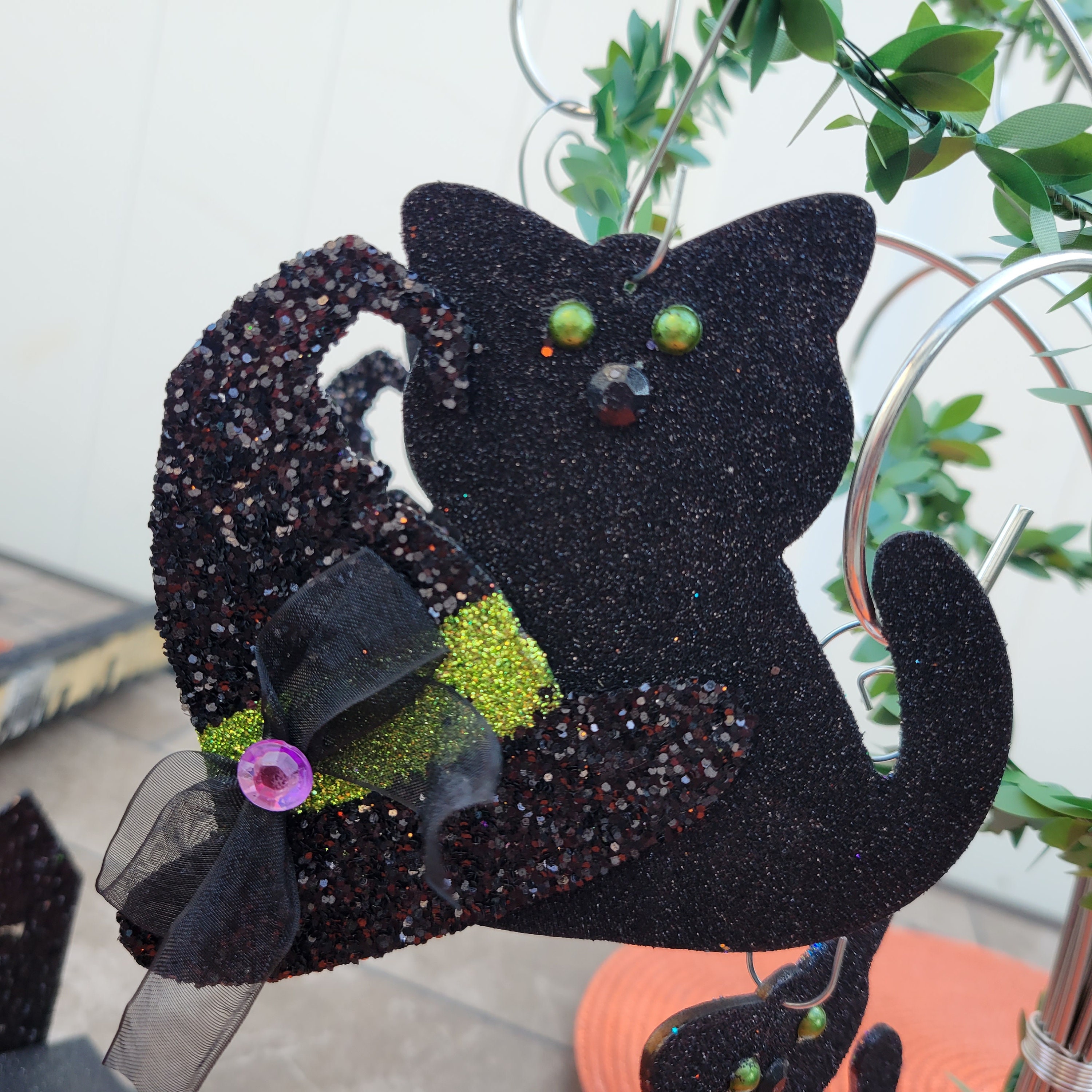 Halloween Black Cat and Witch's Hat Glitter Ornaments for Spooky and ...