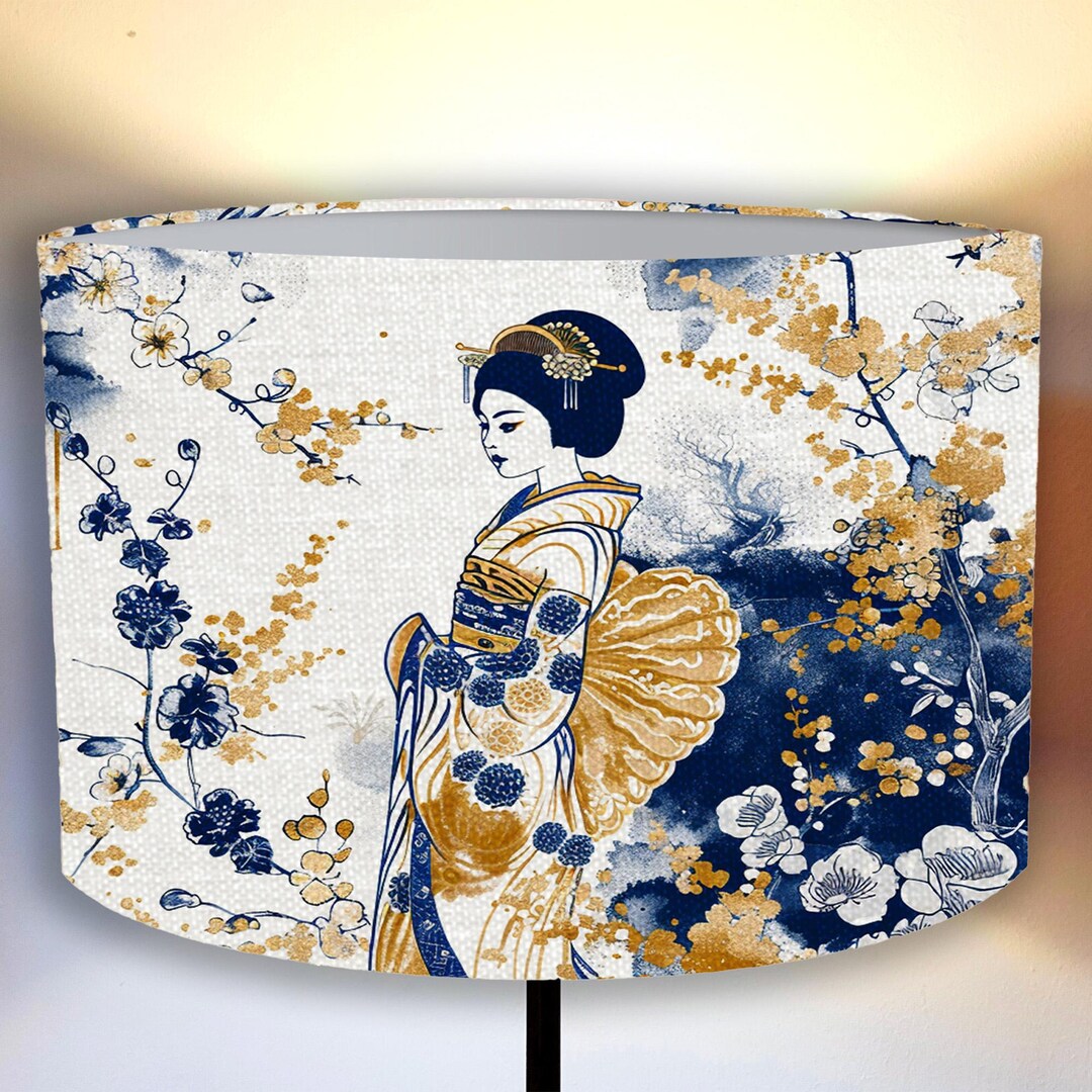 Japanese Geisha Artwork ,oriental Japanese Geisha Lampshade White, Gold ...