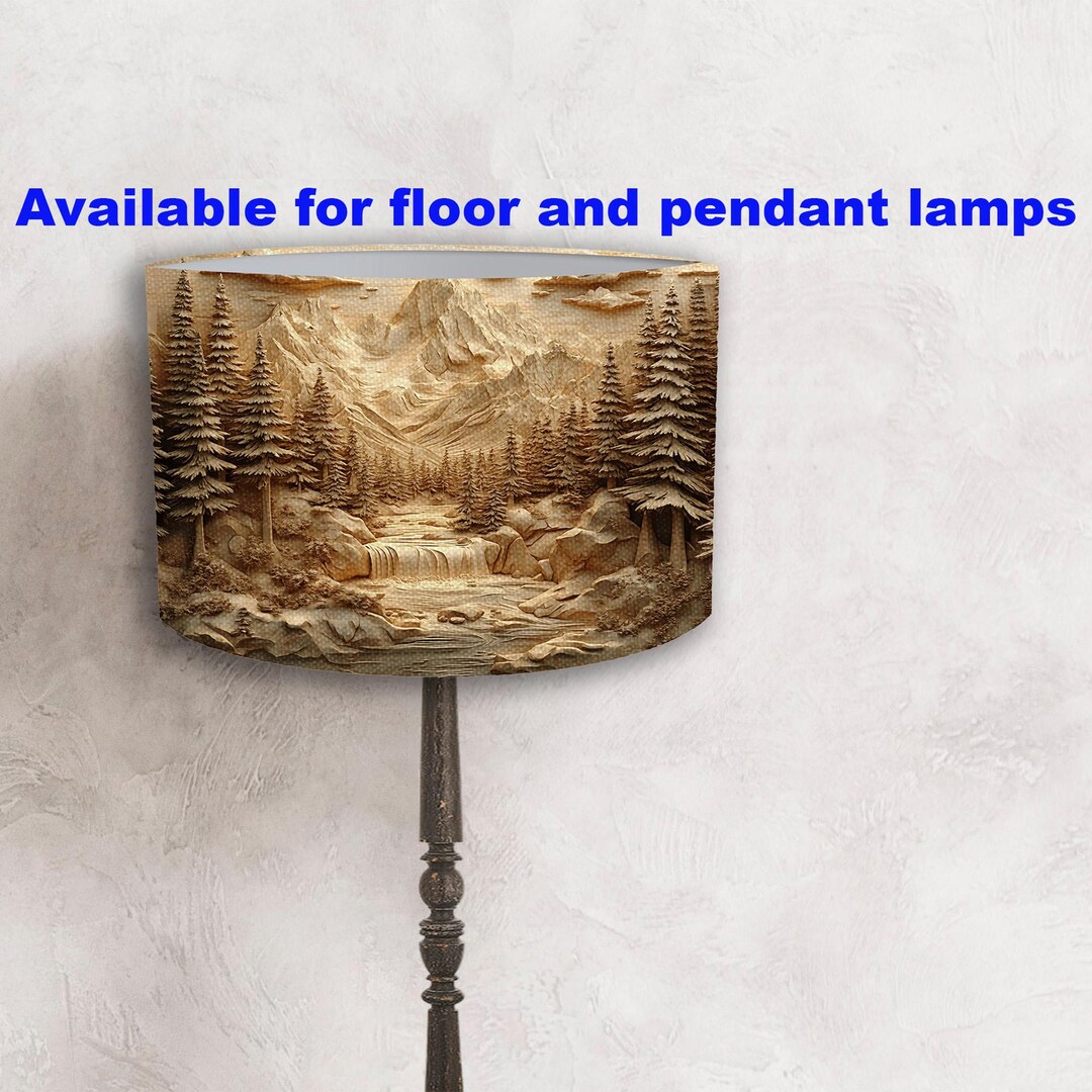 Wooden Carved Mountain Lampshade Rustic Forest Waterfall Design for ...