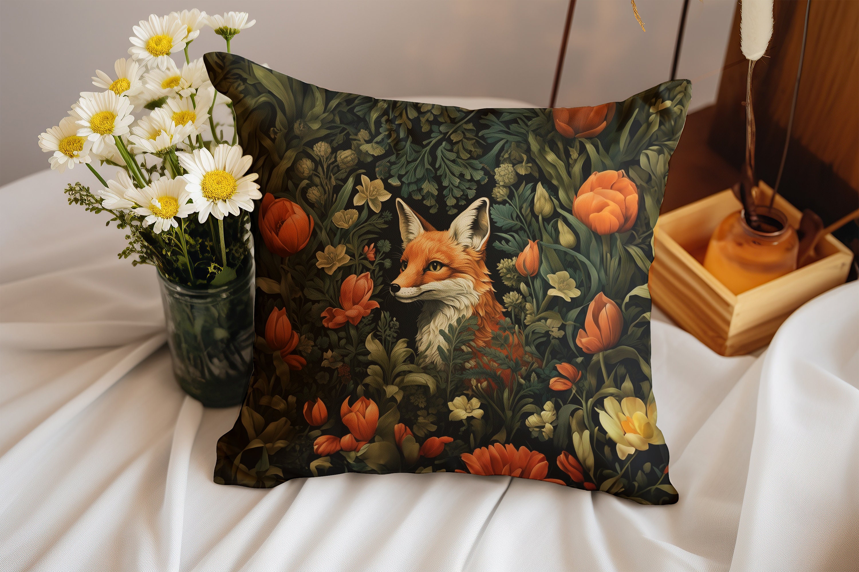 William Morris Inspired Fox in the Woods, Flowers, Floral Botanical ...
