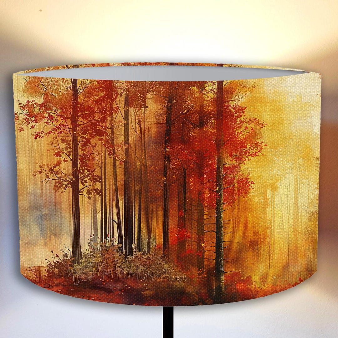 Autumn Lampshade With Painted Forest in Red and Gold Tones Unique ...