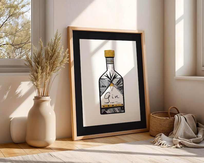 Gin Bottle Illustration | Black & Gold Bar Wall Art | Minimalist Liquor ...