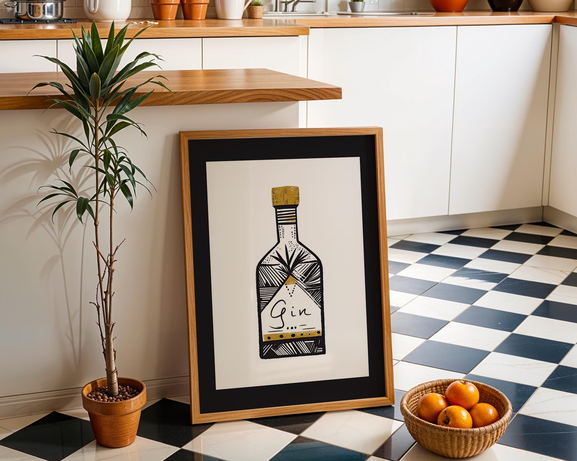 Gin Bottle Illustration | Black & Gold Bar Wall Art | Minimalist Liquor ...