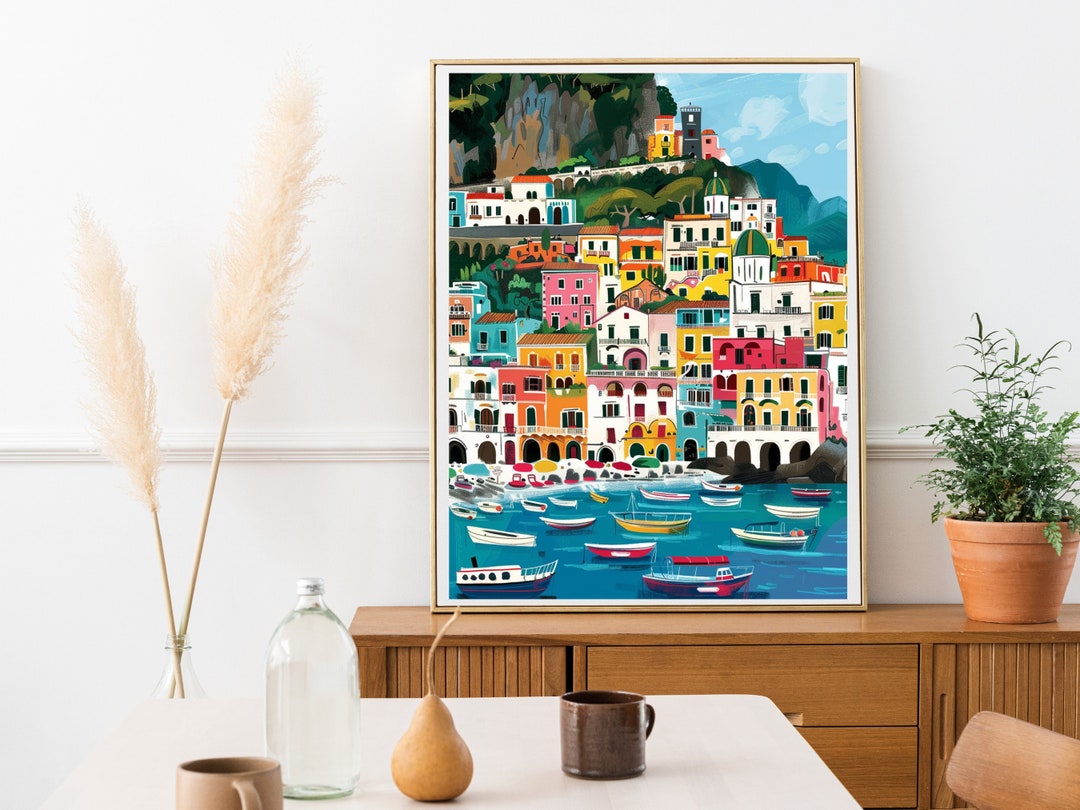 Amalfi Coast Colorful Ocean Beach Scene Travel Wall Art Digital ...