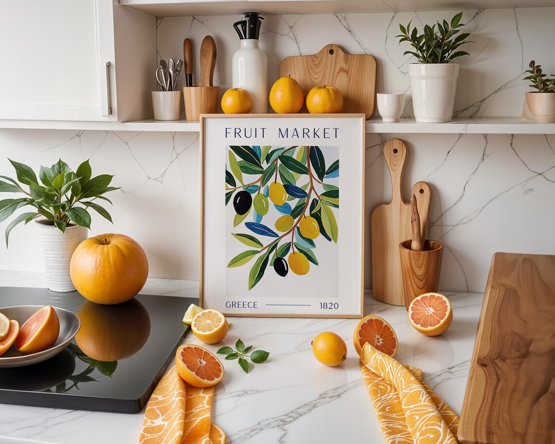 Greek Olive Fruit Market Poster | Vintage Mediterranean Kitchen Decor ...