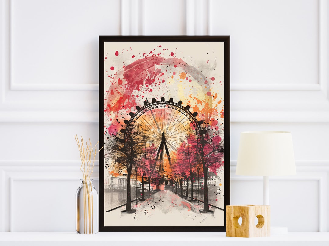 London Ferris Wheel Watercolor Illustration Travel Wall Art Digital ...