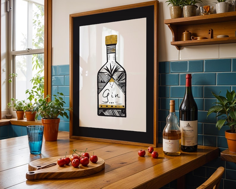 Gin Bottle Illustration | Black & Gold Bar Wall Art | Minimalist Liquor ...