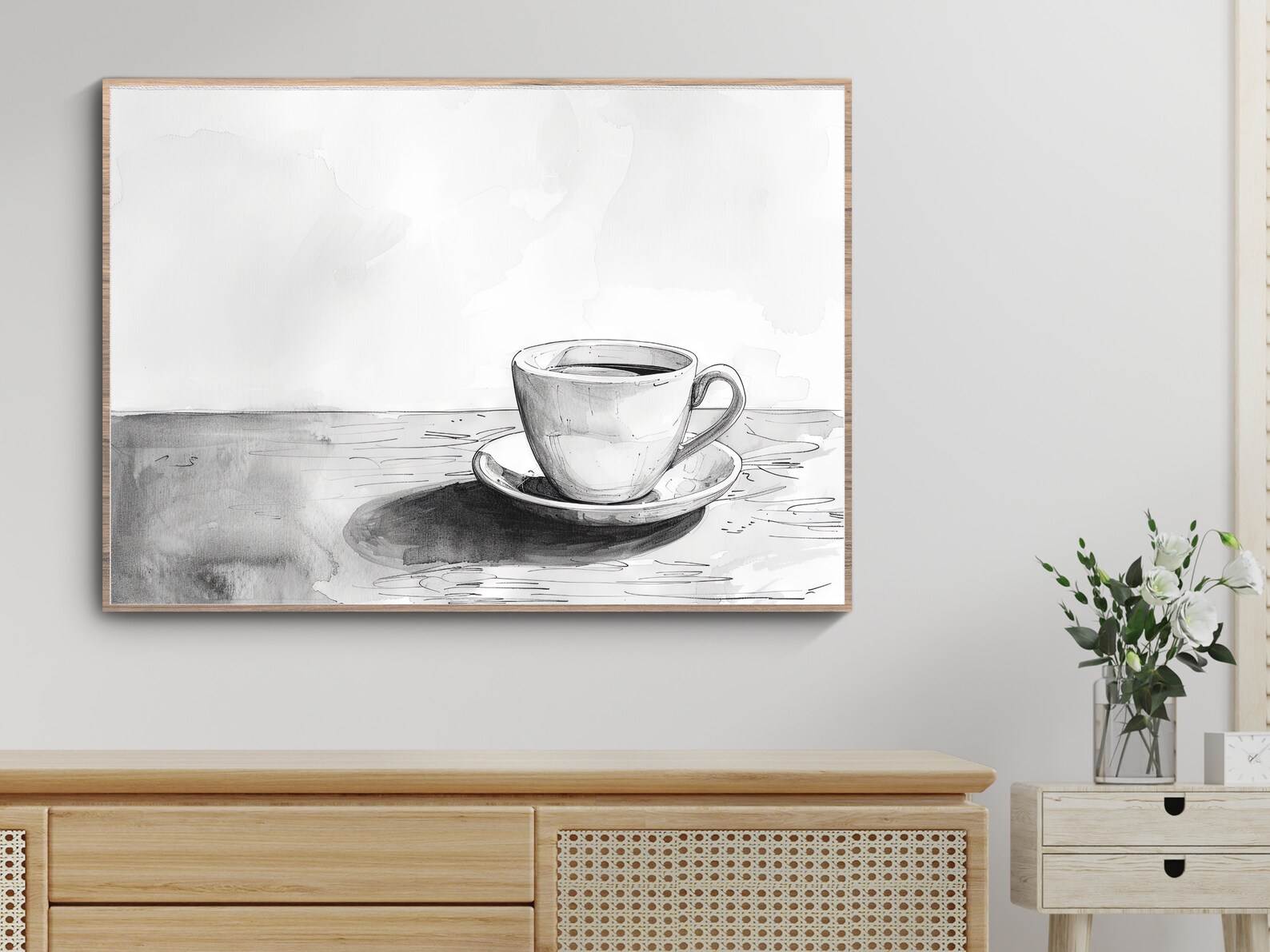 Grayscale Coffee Cup Illustration Print Simple Sketch Minimalist Wall ...