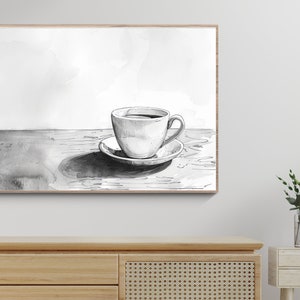 Grayscale Coffee Cup Illustration Print Simple Sketch Minimalist Wall ...