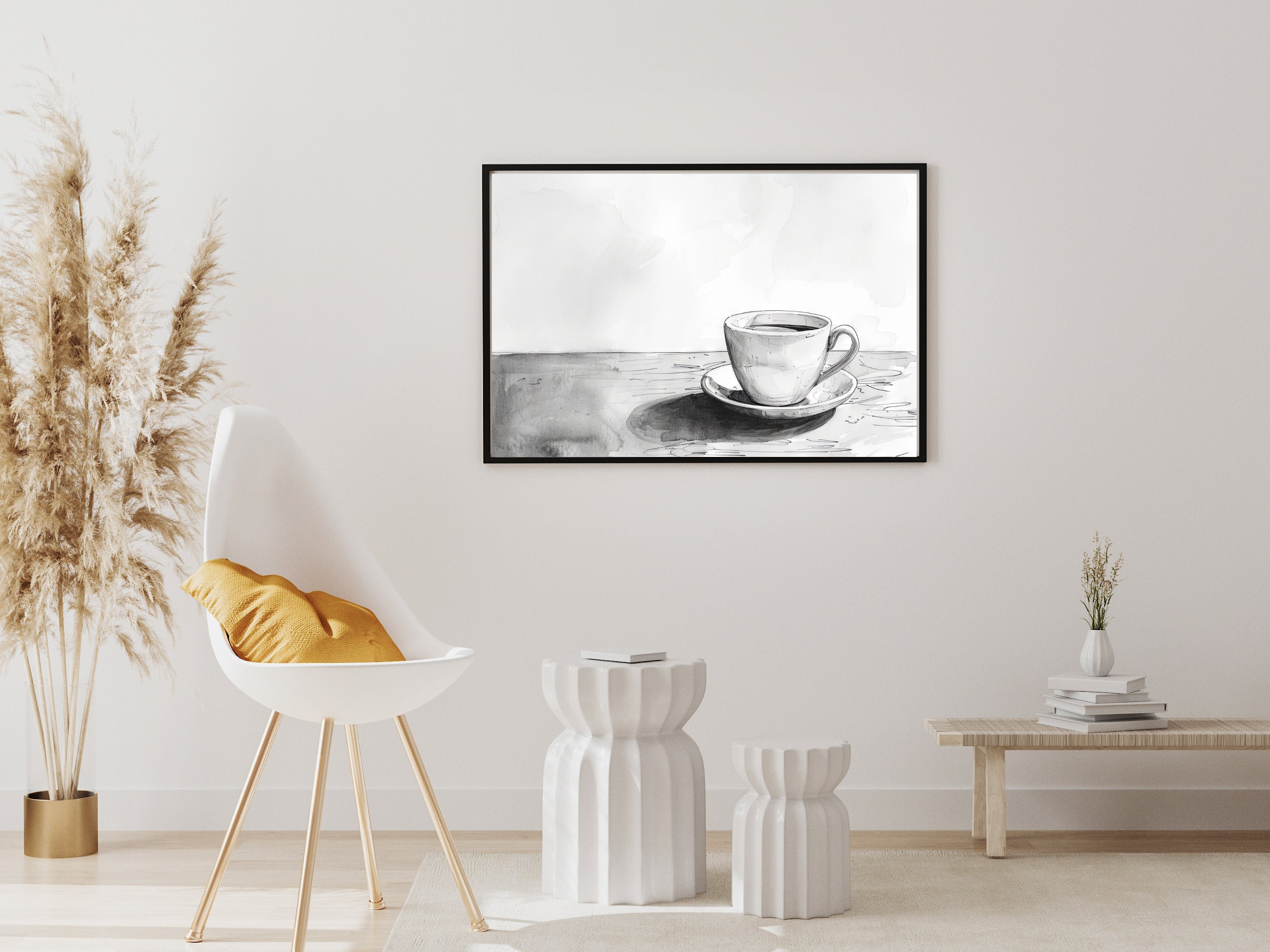 Grayscale Coffee Cup Illustration Print Simple Sketch Minimalist Wall ...