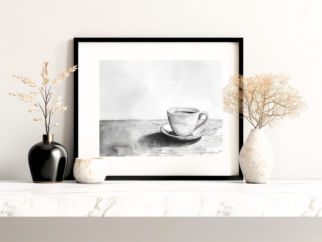 Grayscale Coffee Cup Illustration Print Simple Sketch Minimalist Wall ...
