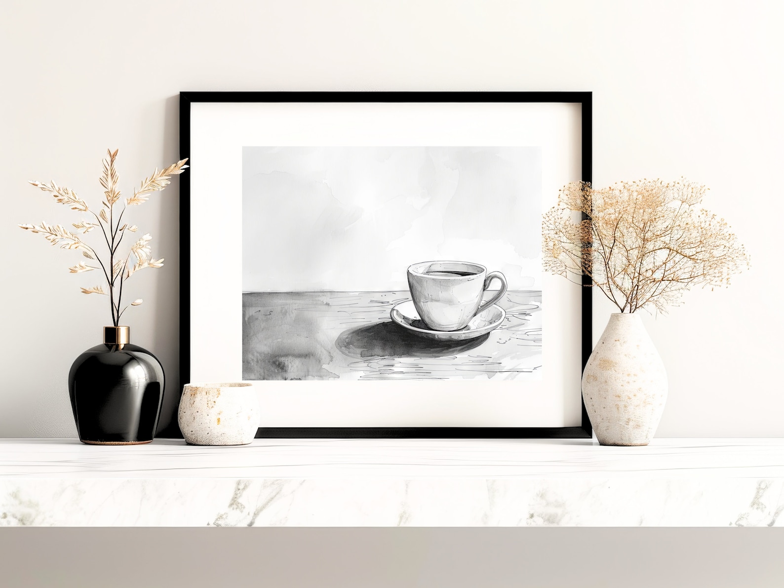 Grayscale Coffee Cup Illustration Print Simple Sketch Minimalist Wall ...