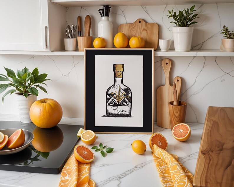 Rum Bottle Illustration | Black & Gold Bar Wall Art | Minimalist Liquor ...