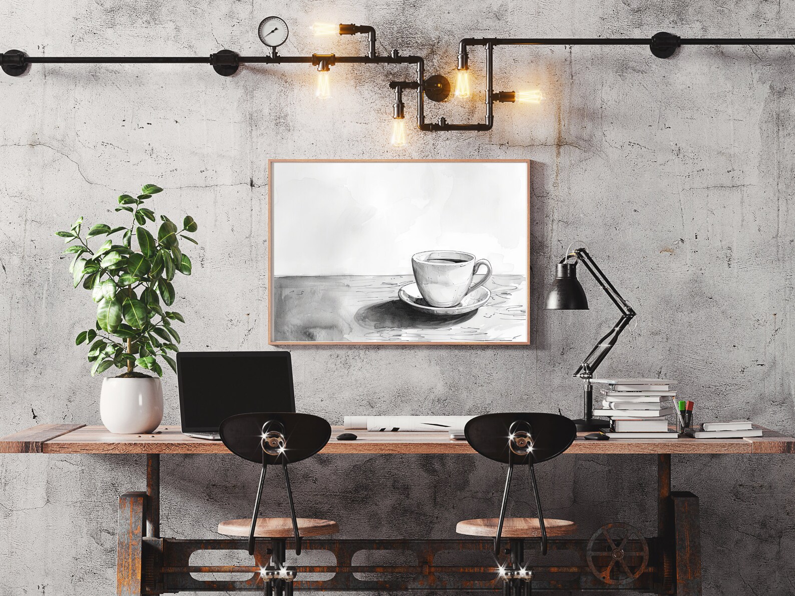 Grayscale Coffee Cup Illustration Print Simple Sketch Minimalist Wall ...