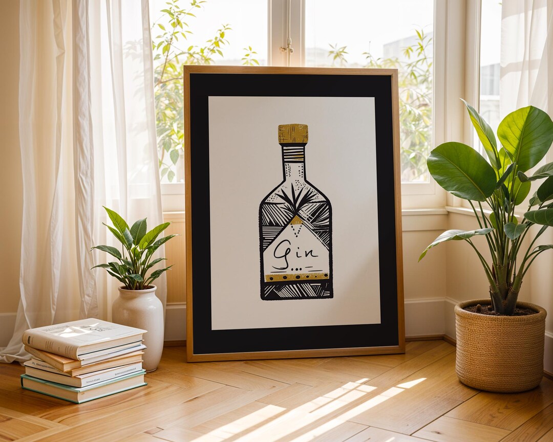 Gin Bottle Illustration | Black & Gold Bar Wall Art | Minimalist Liquor ...