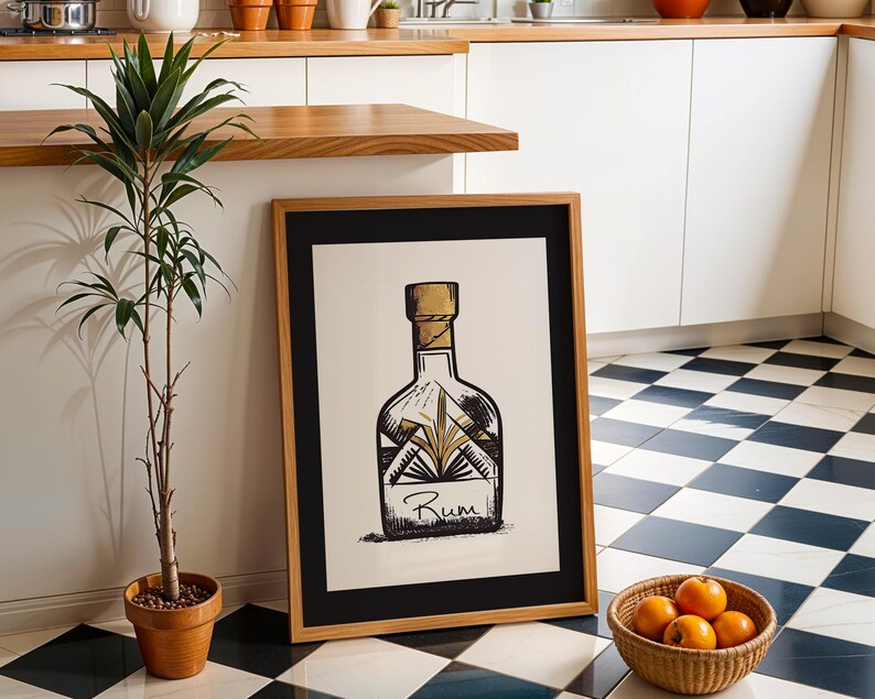 Rum Bottle Illustration | Black & Gold Bar Wall Art | Minimalist Liquor ...