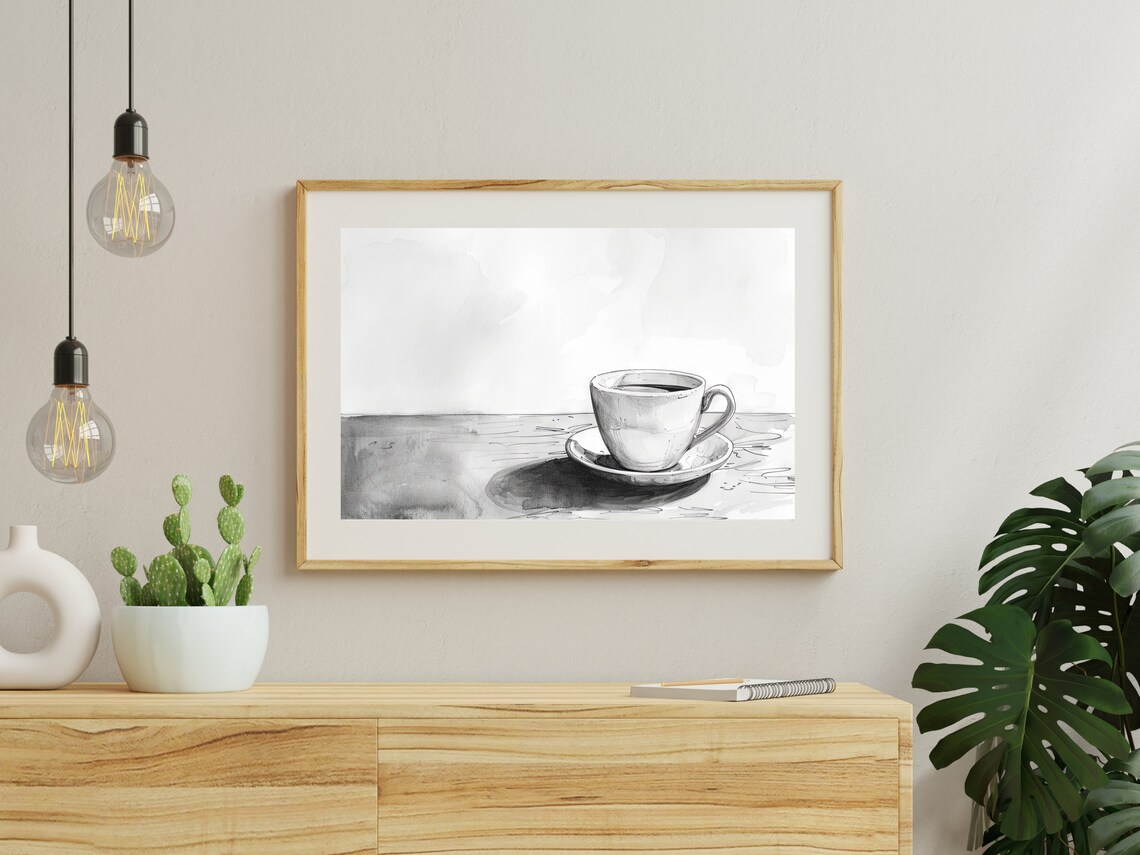 Grayscale Coffee Cup Illustration Print Simple Sketch Minimalist Wall ...