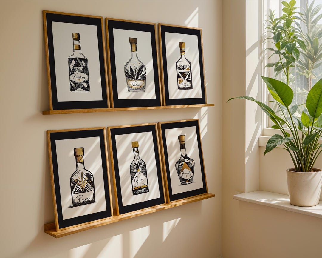 Liquor Bottle Art Set | Minimalist Black & Gold Bar | Alcohol Print ...
