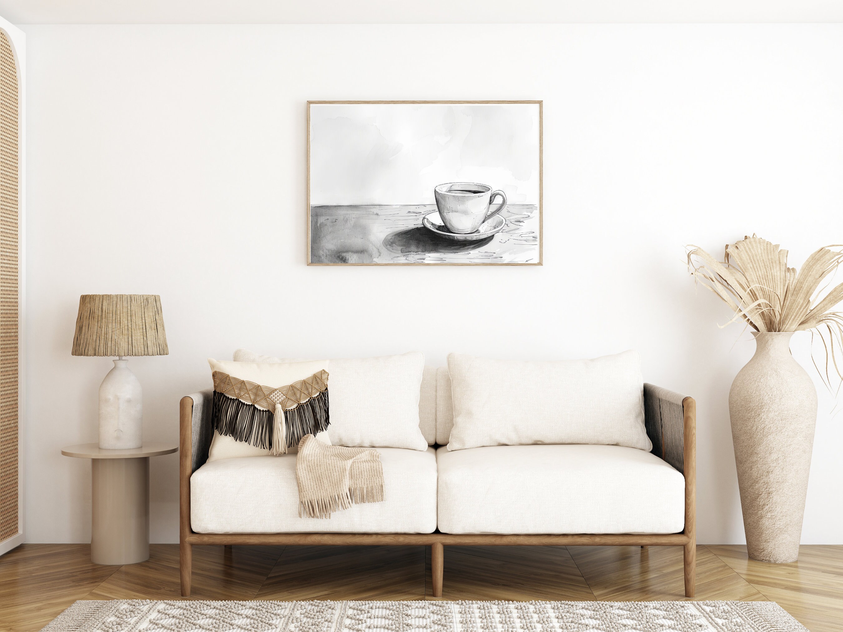 Grayscale Coffee Cup Illustration Print Simple Sketch Minimalist Wall ...