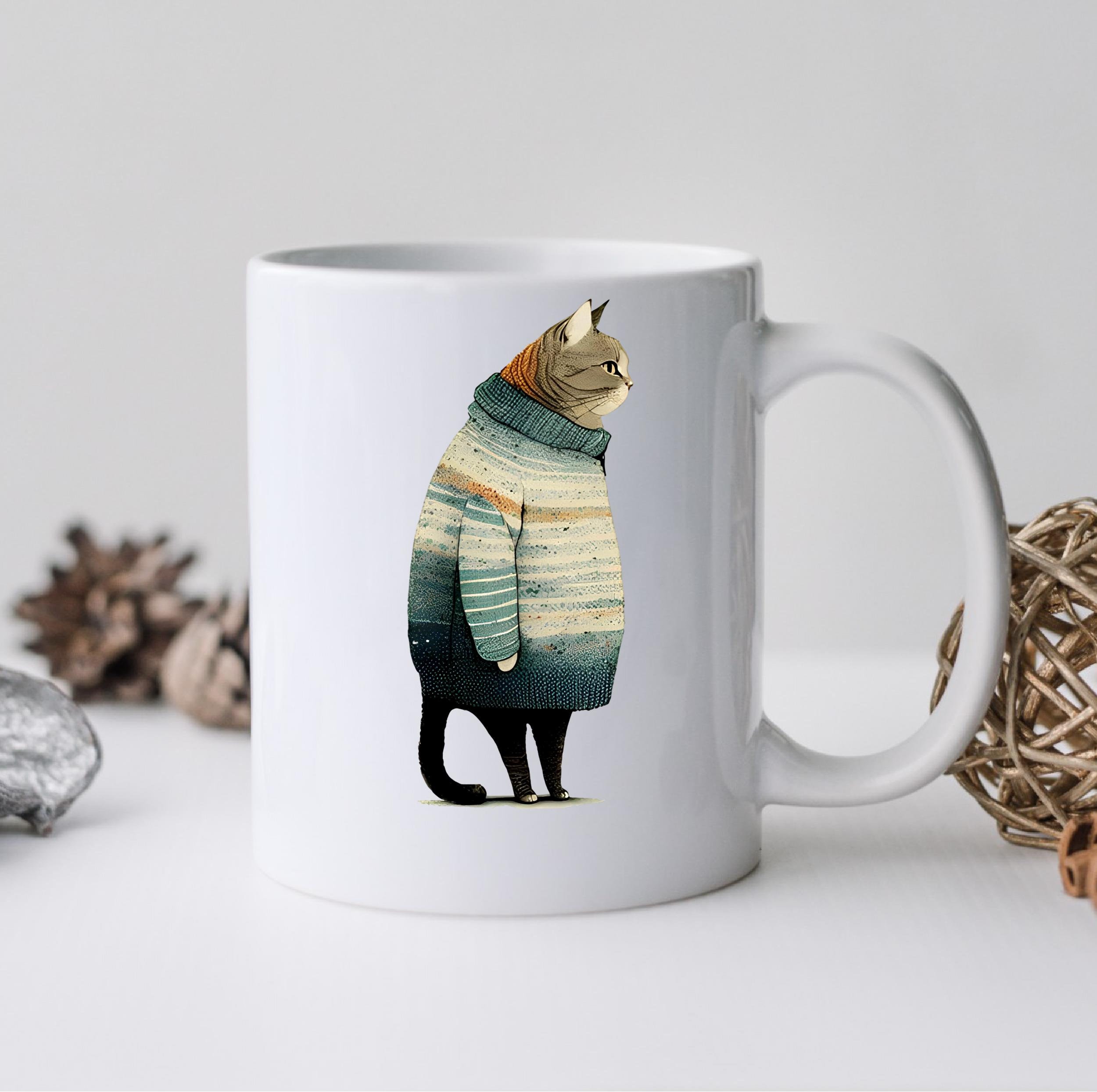 Cat Lover Mug, Winter Cat Mug, Fat Gray Cat in Mug, Fat Cat Tea Coffee ...