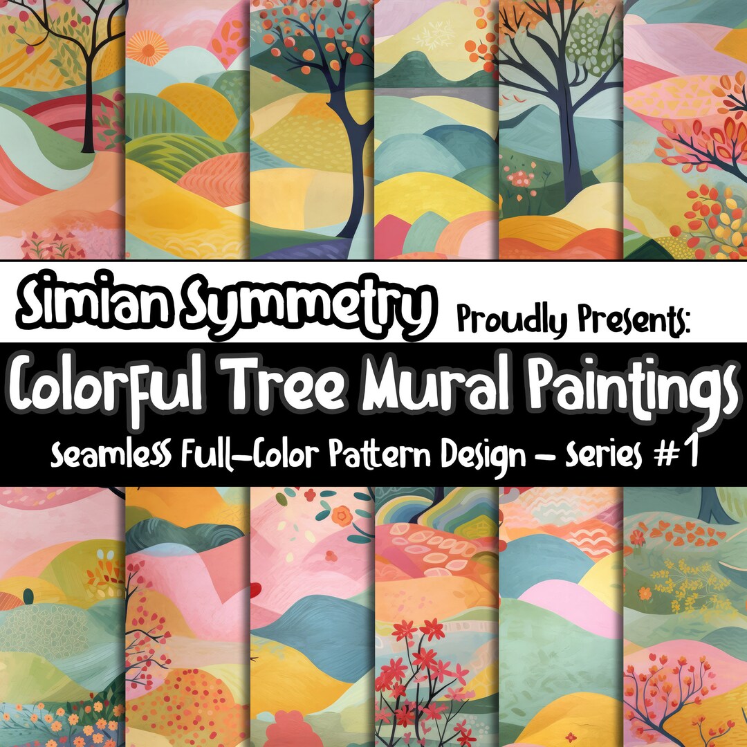 Colorful Tree Mural Painting Digital Paper | Instant Download ...