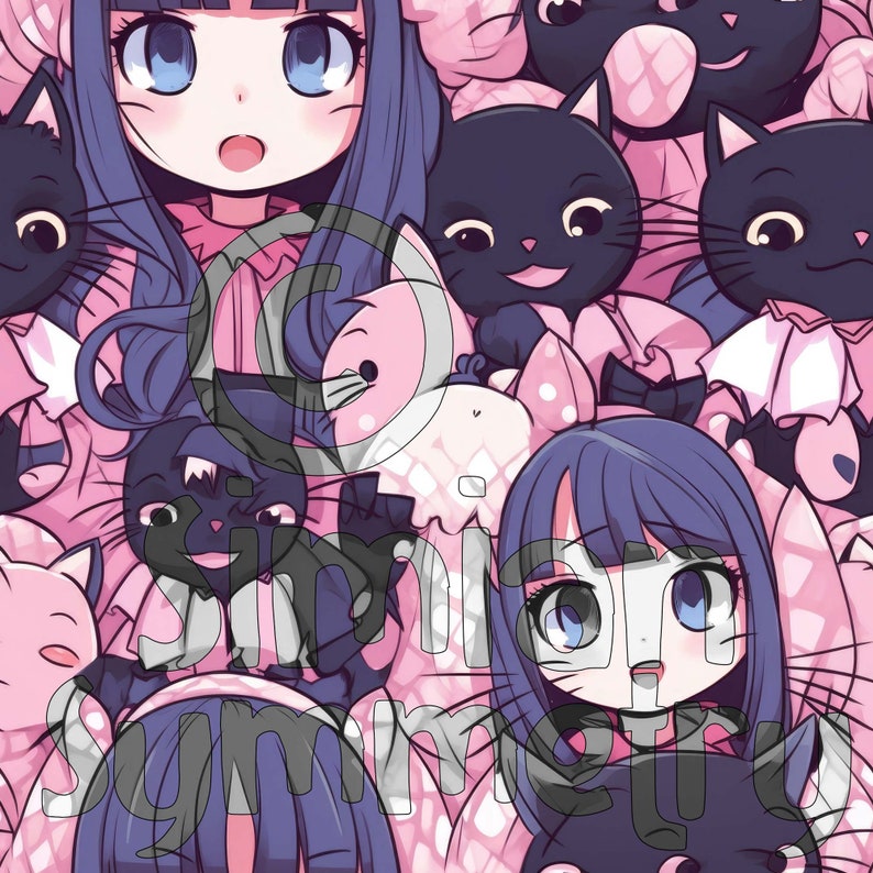 Anime Cat Girls Digital Paper Neko Seamless Design Kawaii Repeating ...
