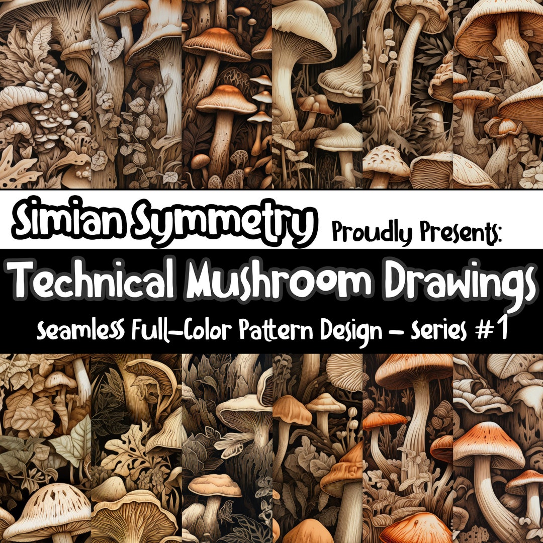 Mushroom Drawings | Instant Download | Seamless Patterns | Technical ...