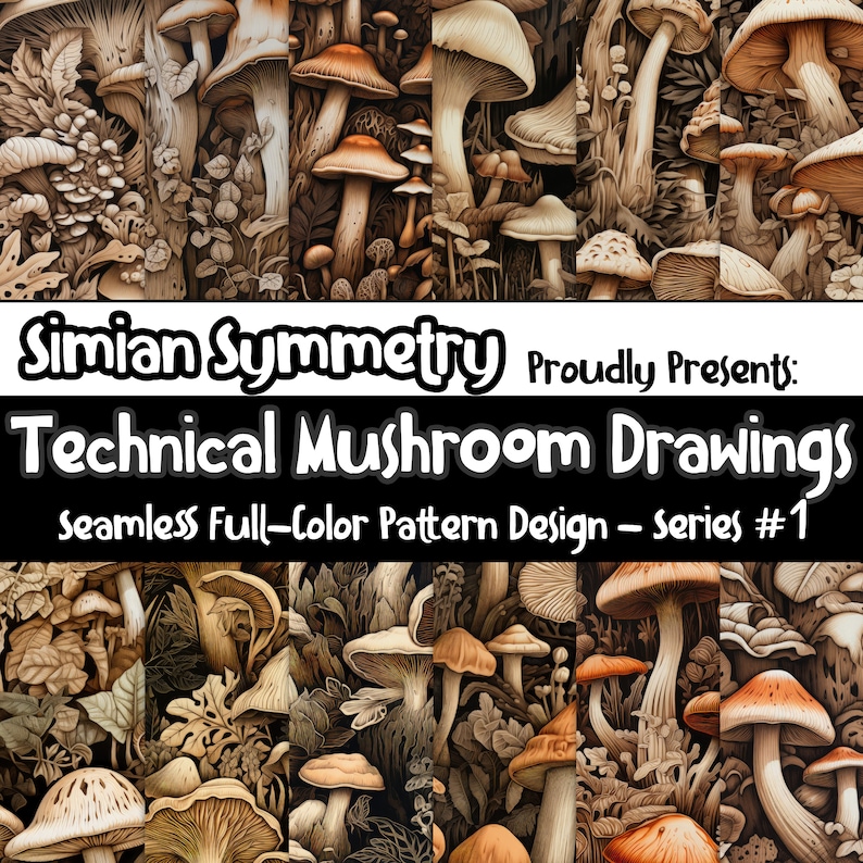 Mushroom Drawings Instant Download Seamless Patterns Technical Artwork ...