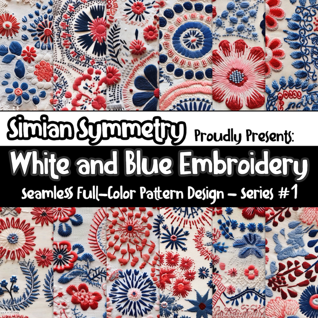 White and Blue Embroidery Digital Paper | Instant Download | Seamless ...