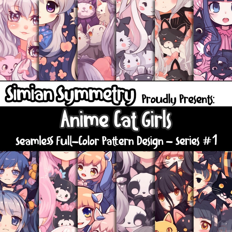 Anime Cat Girls Digital Paper Neko Seamless Design Kawaii Repeating ...
