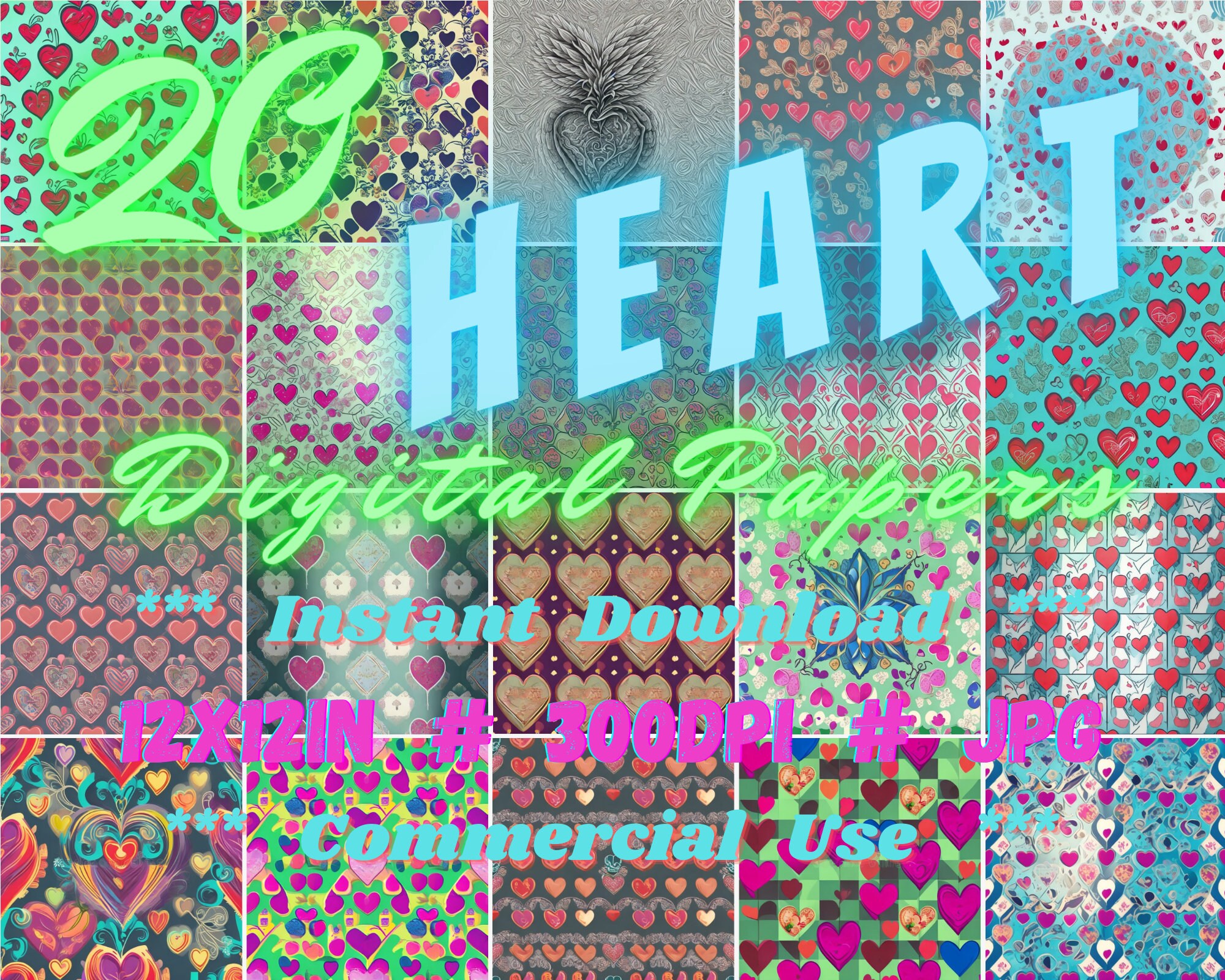 20 3D Heart Digital Paper Designs Commercial Use Digital Paper 12x12in ...
