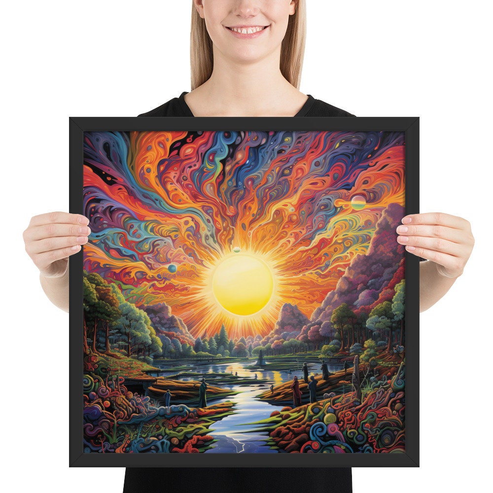 Psychedelic Sunrise Framed Poster, Colorful Sun Rays in Psychedelic ...