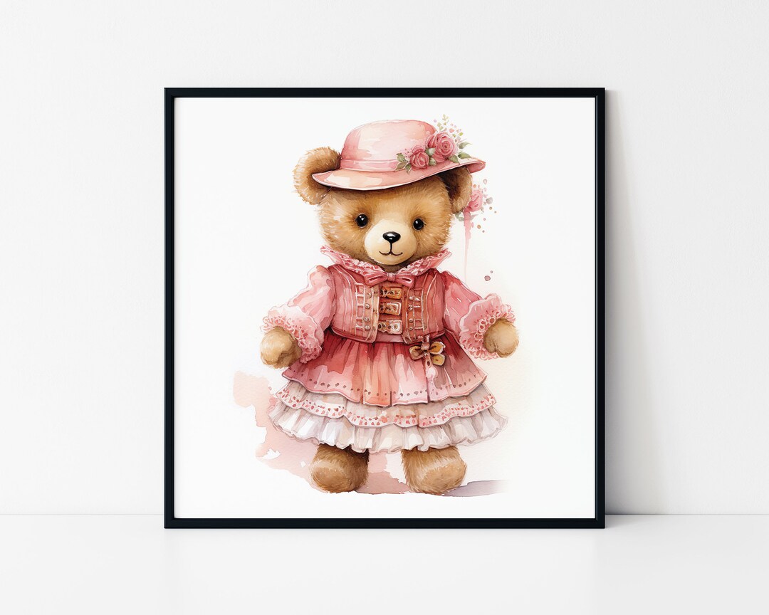 Teddy Bear in Pink Costume Framed Poster, Watercolor Teddy Bear, Cute ...