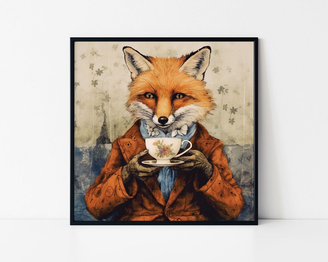 Portrait of a Fox Drinking a Cup of Tea Framed Poster, Cool Fox ...