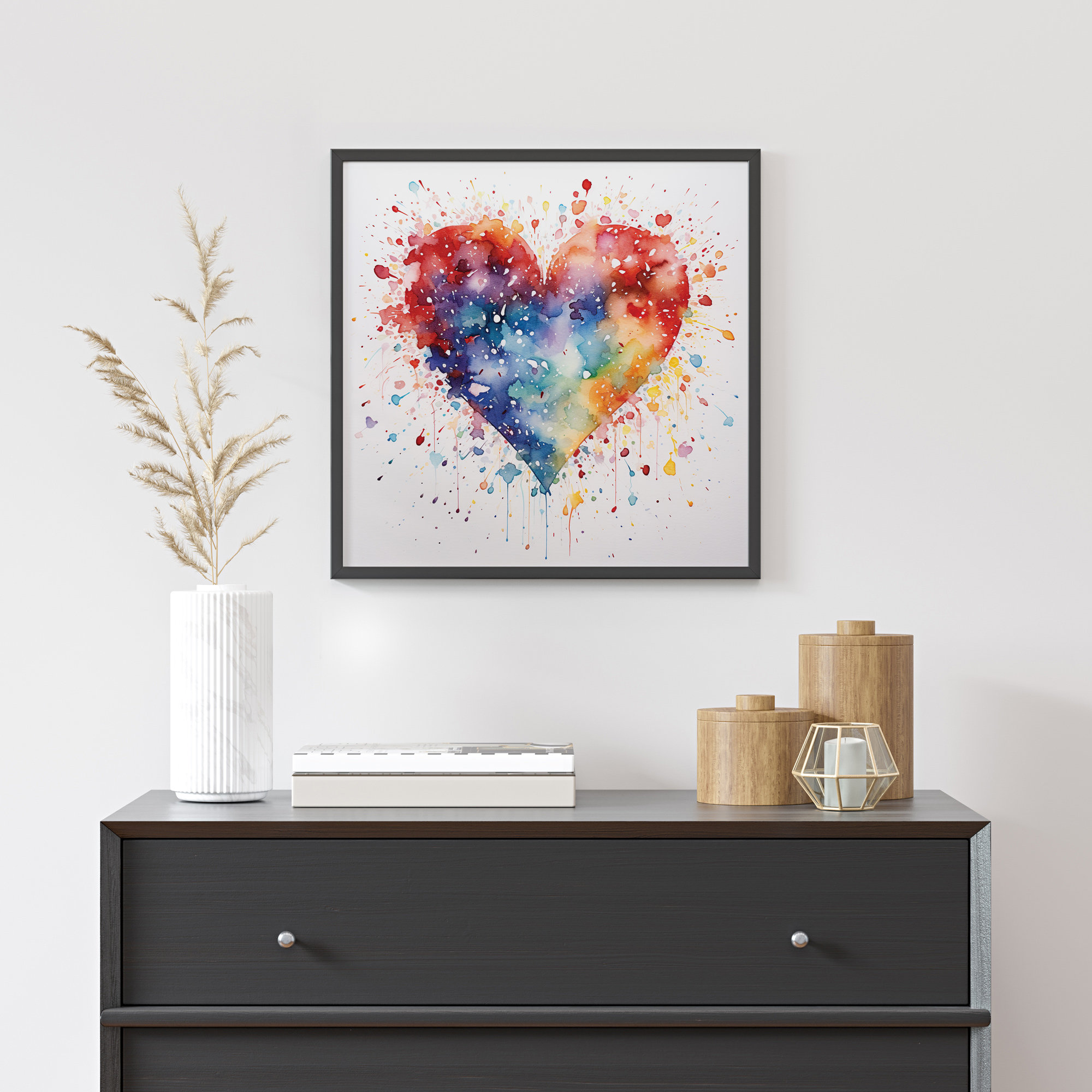 Watercolor Heart Shape Wall Art – Colorful Love Illustration Framed ...