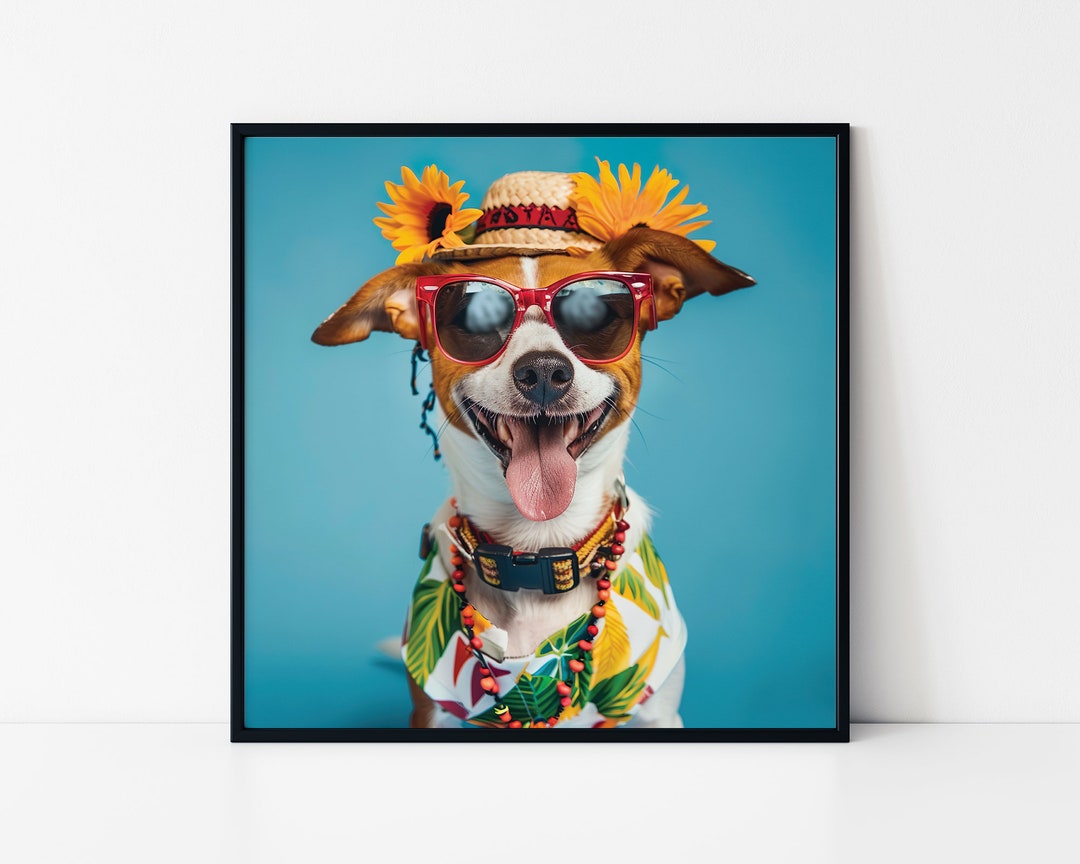 Happy Dog Summer Vibes Framed Poster, Cheerful Dog Wearing Sunglasses ...