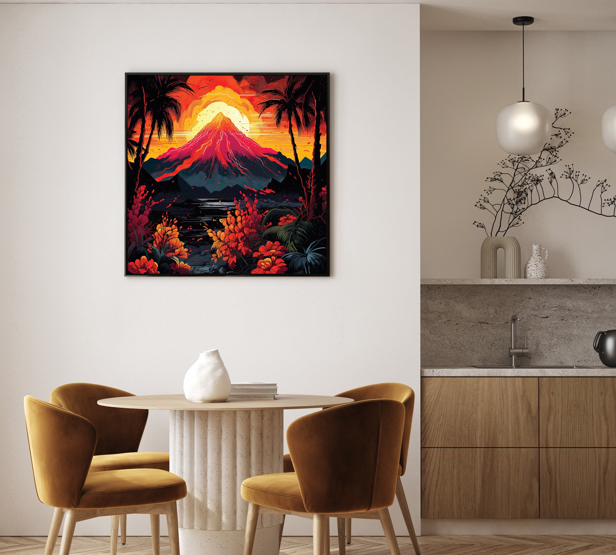 Volcano Eruption With Palm Trees in the Background Framed Poster, Wall ...