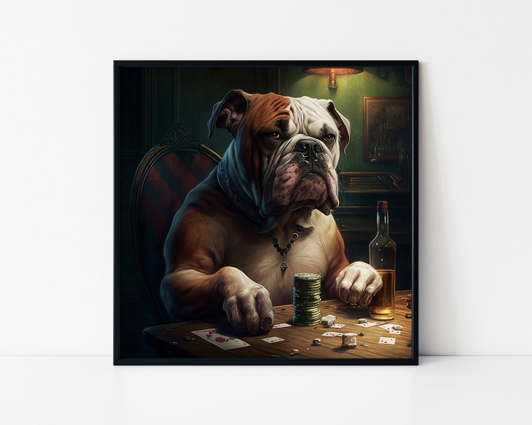 Dog Drinking and Playing Poker Framed Poster, Bulldog Playing Poker ...