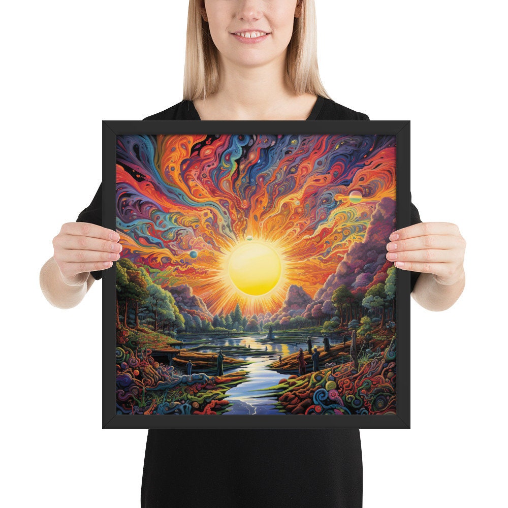 Psychedelic Sunrise Framed Poster, Colorful Sun Rays in Psychedelic ...