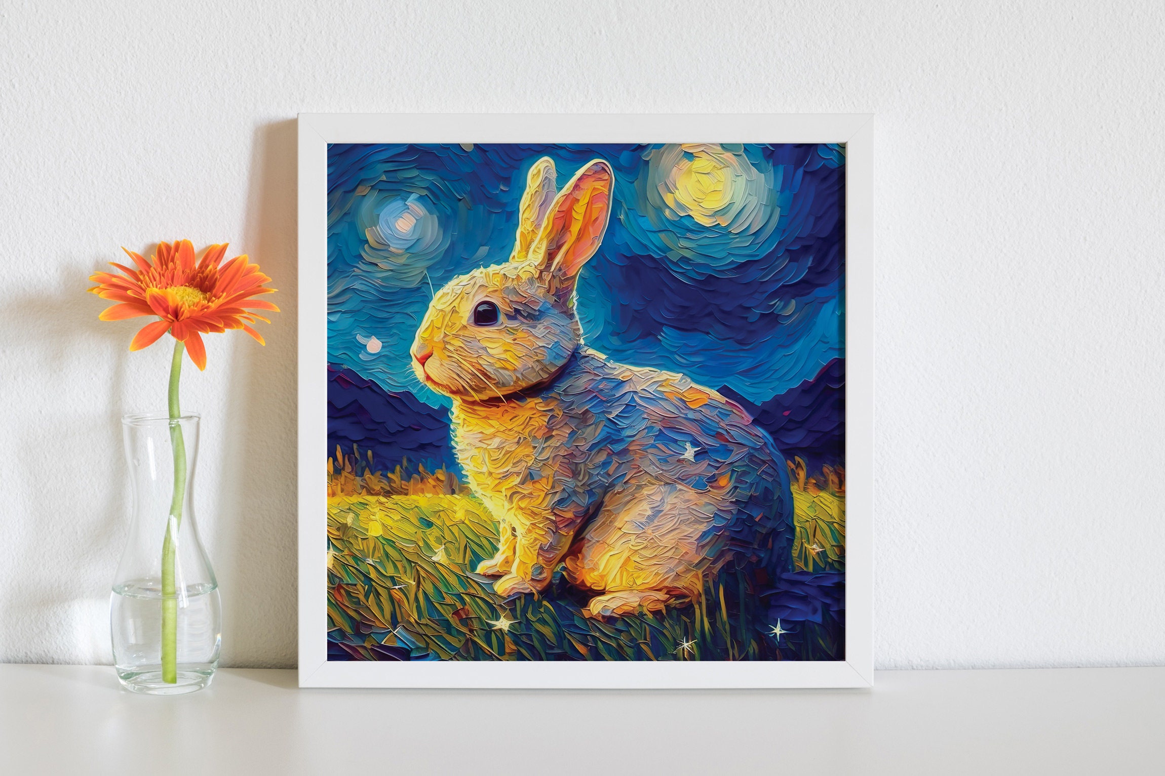 Bunny Painting, Van Gogh Style Art, Starry Night Rabbit, Starry Night ...